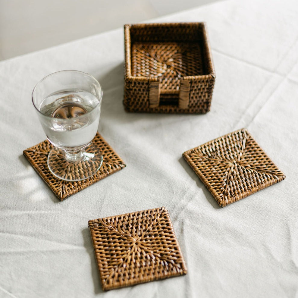 Rattan Square Coasters with Holder Set of Six